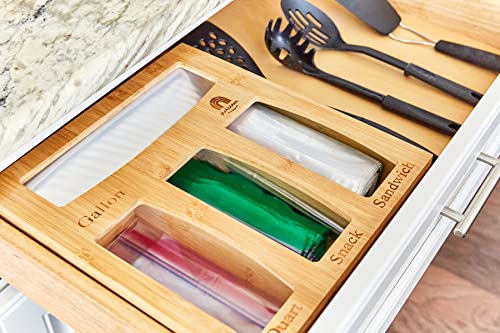 Jaza Goods | Ziplock Bag Storage Organizer and Dispenser for Kitchen Drawer | Wall Mountable | Compatible with Gallon, Quart, Sandwich & Snack Size Bags