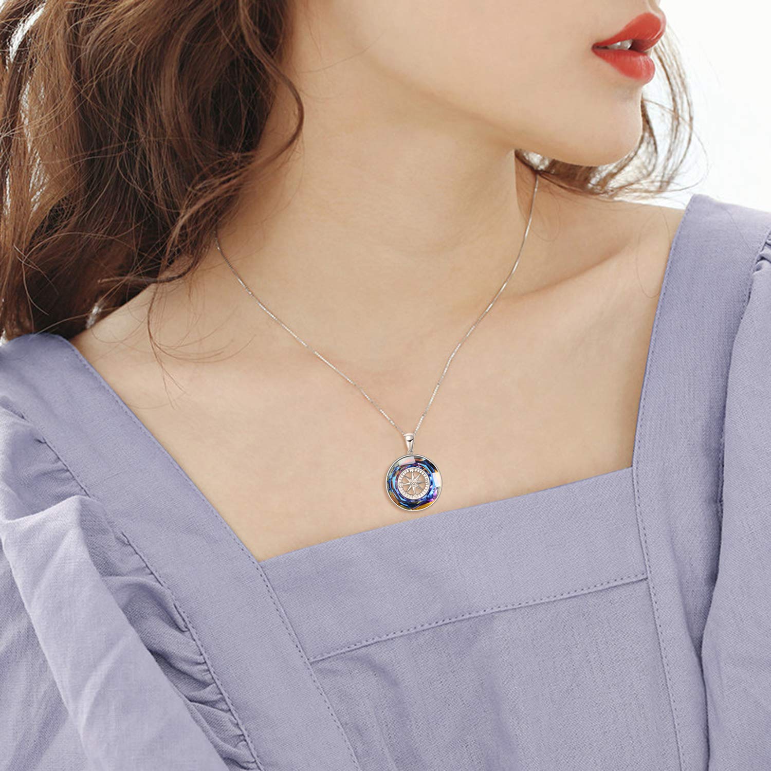 AOBOCO Compass Necklace Sterling Silver Circle Pendant Necklace with Color-Changed Crystal, Graduation Jewelry Gift for Women