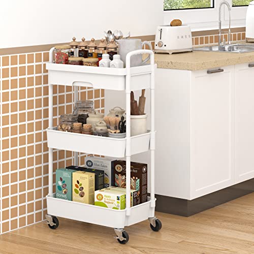 Dttwacoyh 3-Tier Rolling Cart,Trolley with Drawer, Multifunctional Storage Organizer with Plastic Shelf & Metal Wheels, Kitchen Storage Cart for Living Room, Kitchen, Office, Bathroom, White