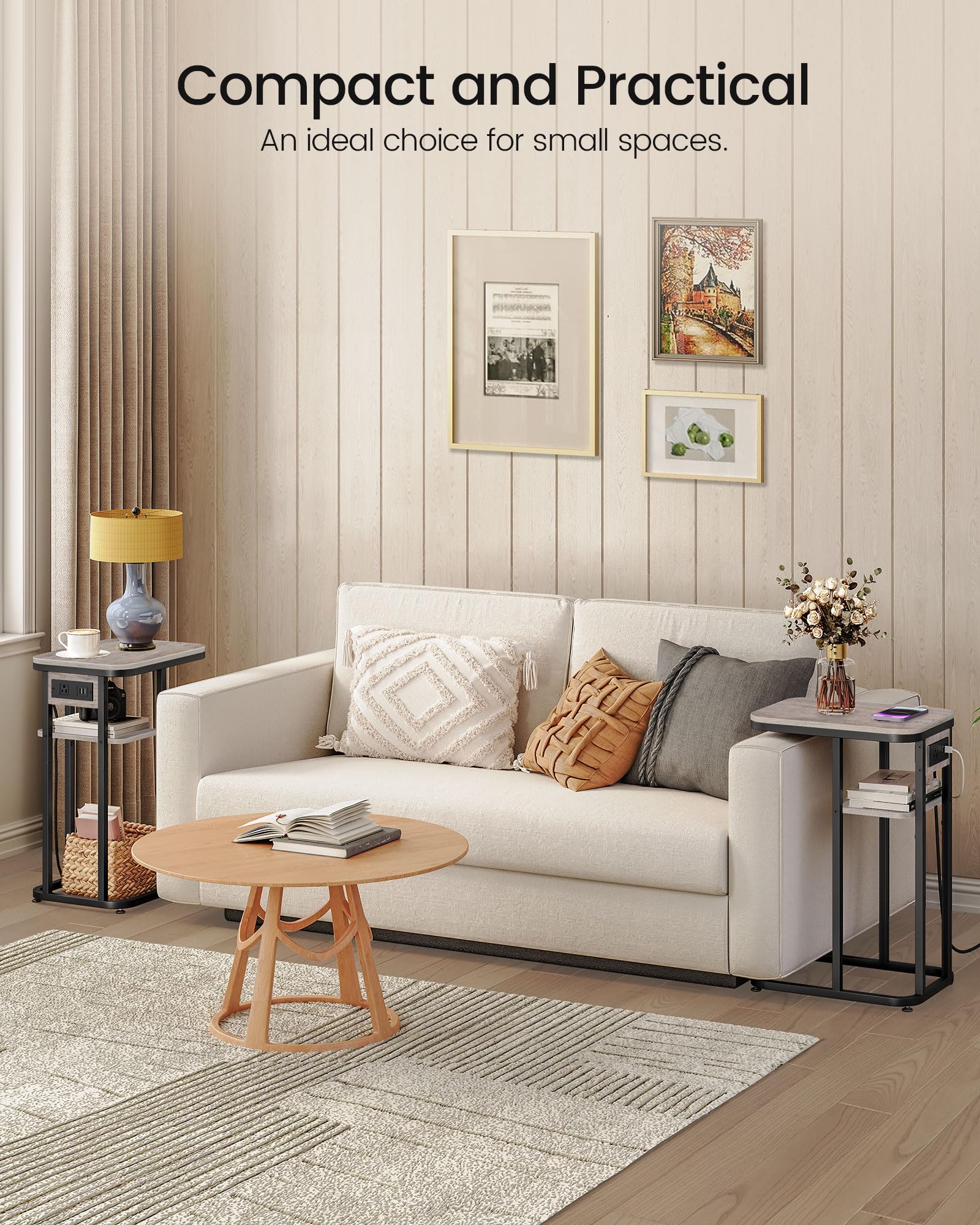CHOEZON C-Shaped Side Table, Small End Table with Charging Station, Sofa Side Table for Couch with Outlet and USB Ports, for Small Spaces, for Bedroom, Living Room, Greige and Black TSF02UBH