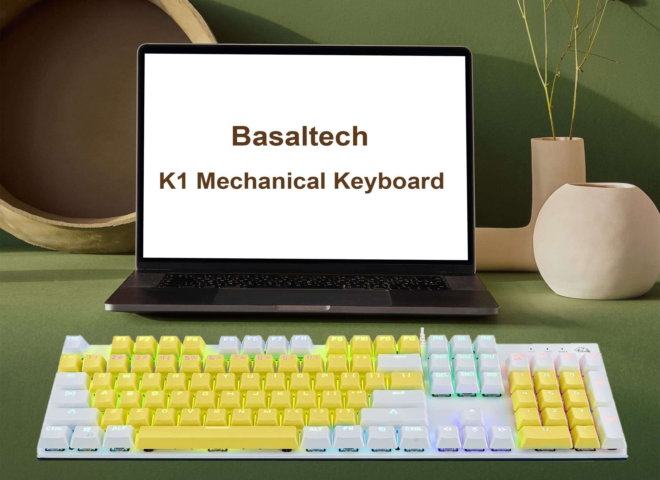 Basaltech Mechanical Gaming Keyboard with Rainbow LED Backlit, 104-Key Anti-Ghosting Blue Switch Metal Panel Light Up Keyboard Ergonomic Design Wired USB for PC, Laptop, Mac (Blue-White)