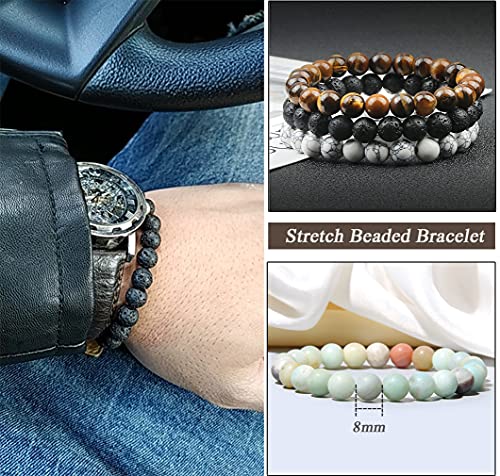Jewdreamer 12Pcs 8mm Semi-Precious Gemstone Bracelet Healing Crystal Stone Beaded Bracelets for Women Men Unisex Adjustable Bead Stretch Bracelets Set