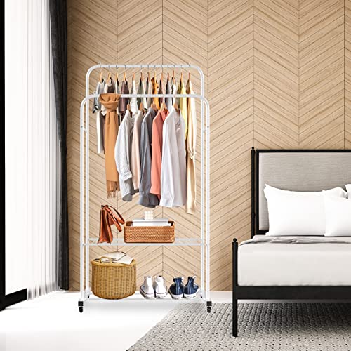 Metal Clothes Hanging Rolling Garment Rack with 2 Tier Shelves and Double Rod, Multi-Purpose Double Rail Standing Closet Storage Organizer, Upgrade Heavy Duty Rolling Pipe Coat Hanger for Boxes Shoes