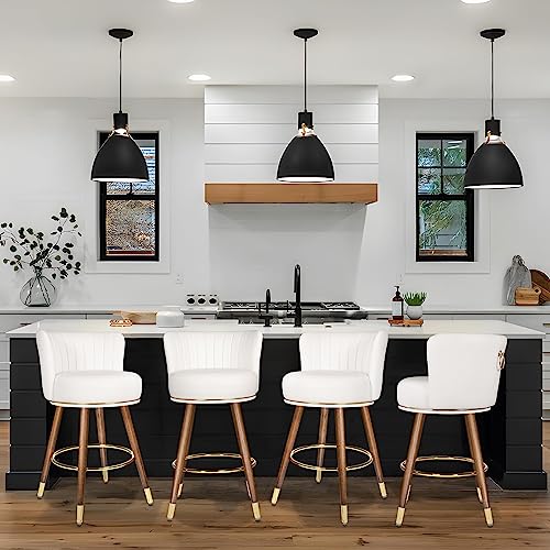 SeekFancy 27" Swivel Bar Stools Set of 4, Counter Heigh Bar Stools with Back, White & Gold Bar Stools with Wood Legs & Footrest, Upholstered Swivel Counter Stools,Leather Bar Chairs for Kitchen Island