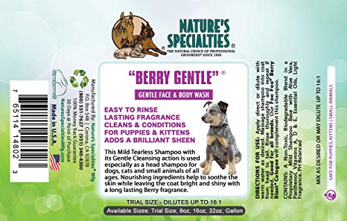 Nature's Specialties Berry Gentle Ultra Concentrated Face and Body Wash for Pets, Makes up to 4 Gallons, Natural Choice for Professional Groomers, Gently Cleanses The Skin and Coat, Made in USA, 32 oz