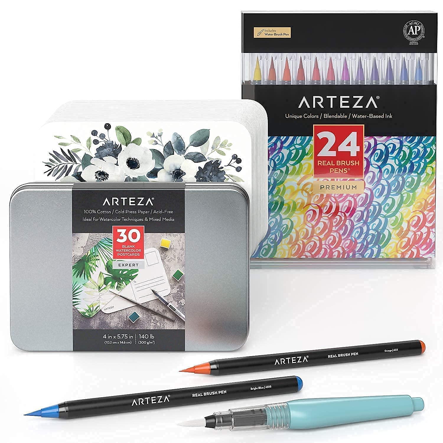 Arteza Real Brush Pens and Blank Watercolor Postcards Bundle, Drawing Art Supplies for Artist, Hobby Painters & Beginners