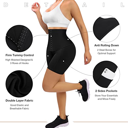 KEEPTO High Waisted Compression Shorts for Women with Waist Trainer Plus Size Shapewear Shorts Lower Belly Fat