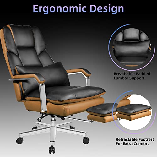 SeekFancy Reclining Office Chair with Footrest O203, Big and Tall Office Chair 500lbs Wide Seat with 170° Backrest, High Back Large Executive Office Chair Lumbar Support,Black Leather Managerial Chair