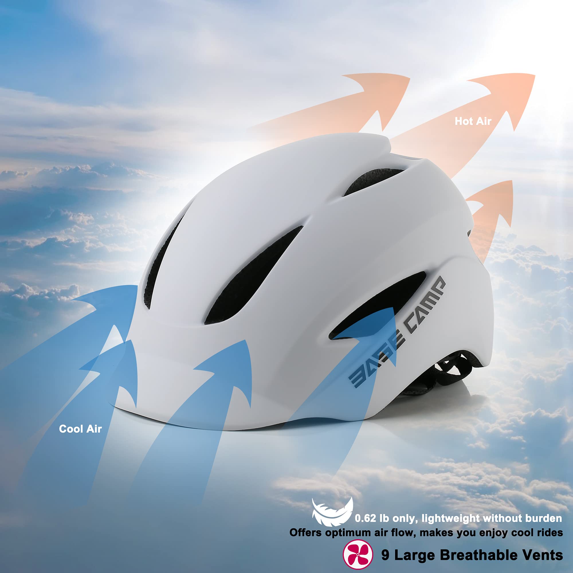 BASE CAMP Bike Helmet, Bicycle Helmet with Light for Adult Men Women Commuter Urban Scooter Adjustable M Size (White)