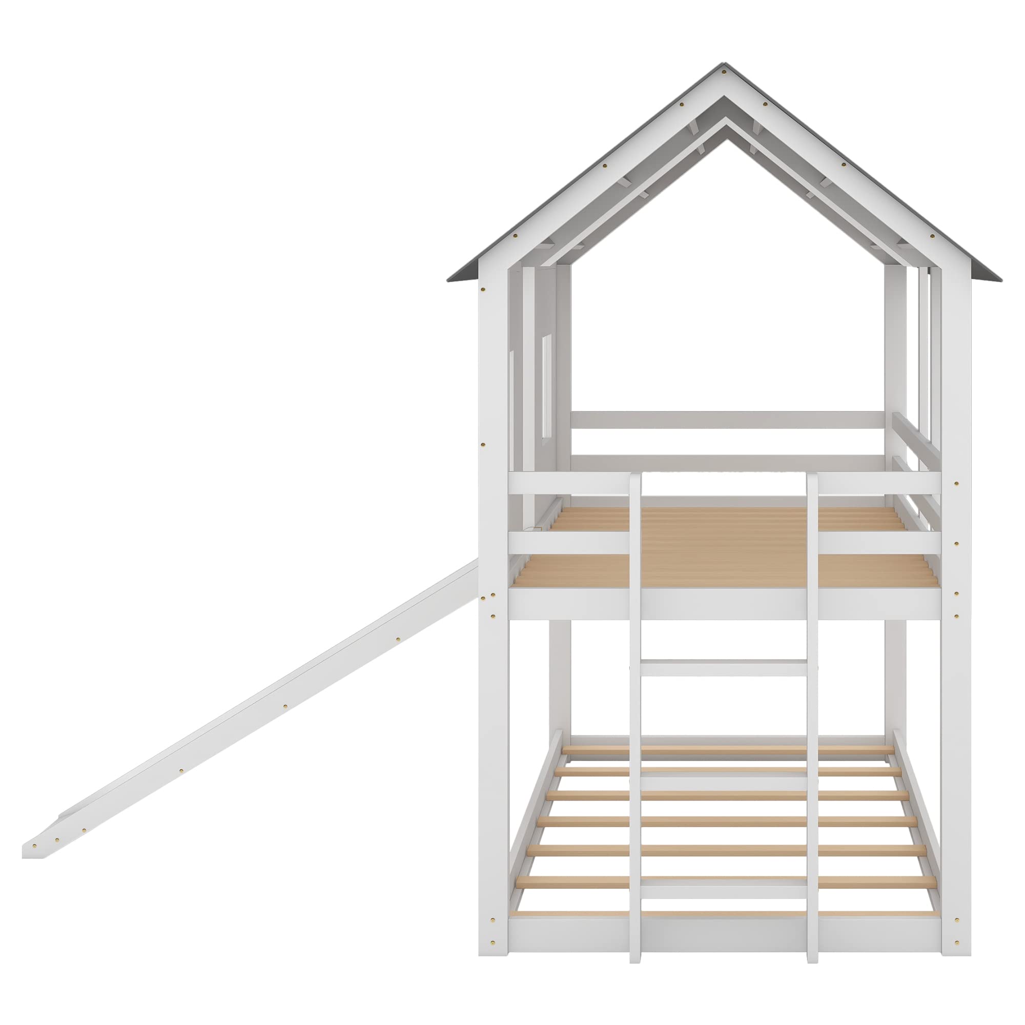 MERITLINE Twin Over Twin House Bunk Bed with Slide, Wooden Bunk Bed with Roof and Windows for Kids Teens Girls Boys – White