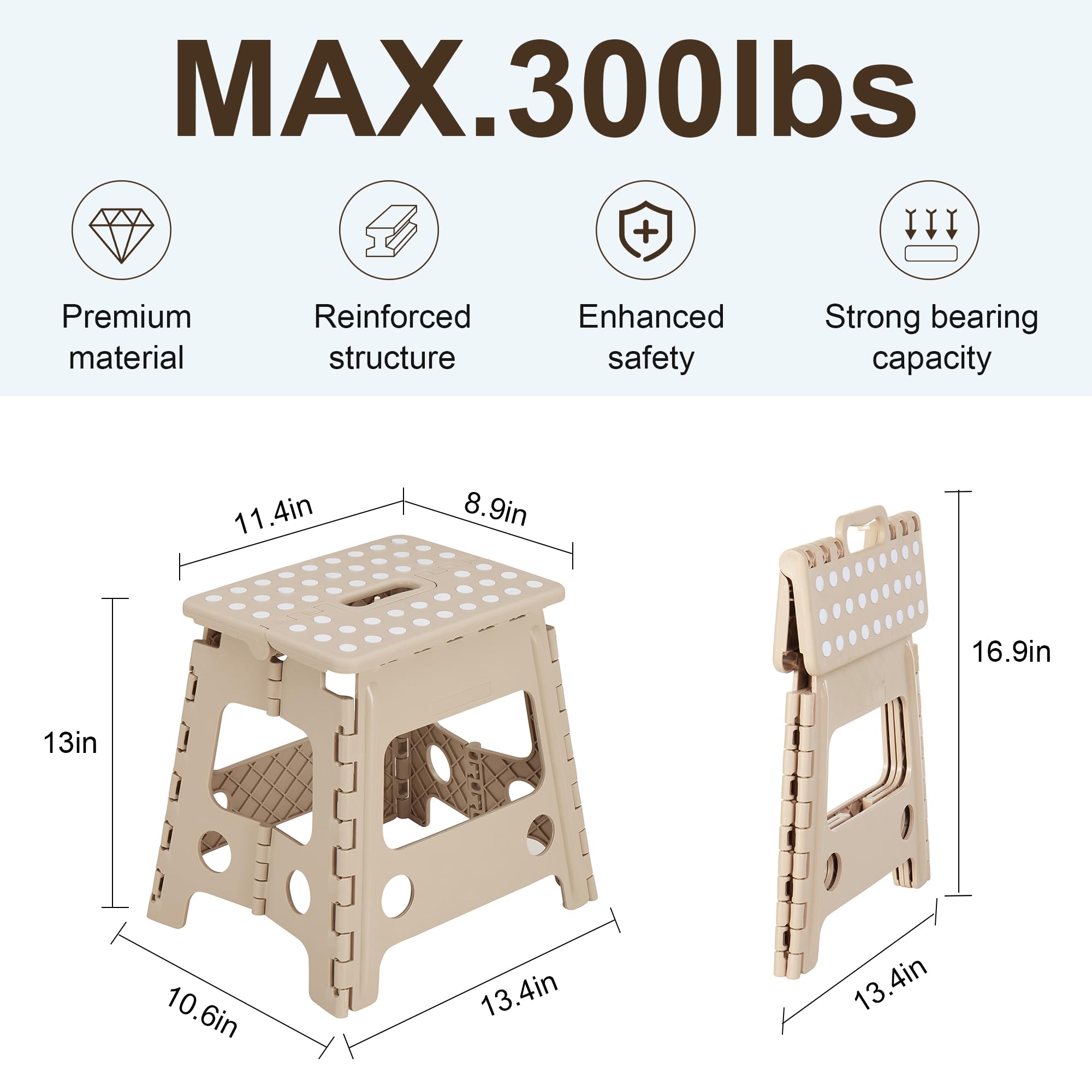 VECELO Folding Step Stool 13 Inch, Non-Slip Surface Portabl Foldable 1 Step Stool with Carry Handle, Heavy Duty to Support Kids/Toddler/Adults for Living Room Kitchen, Bathroom, Khaki