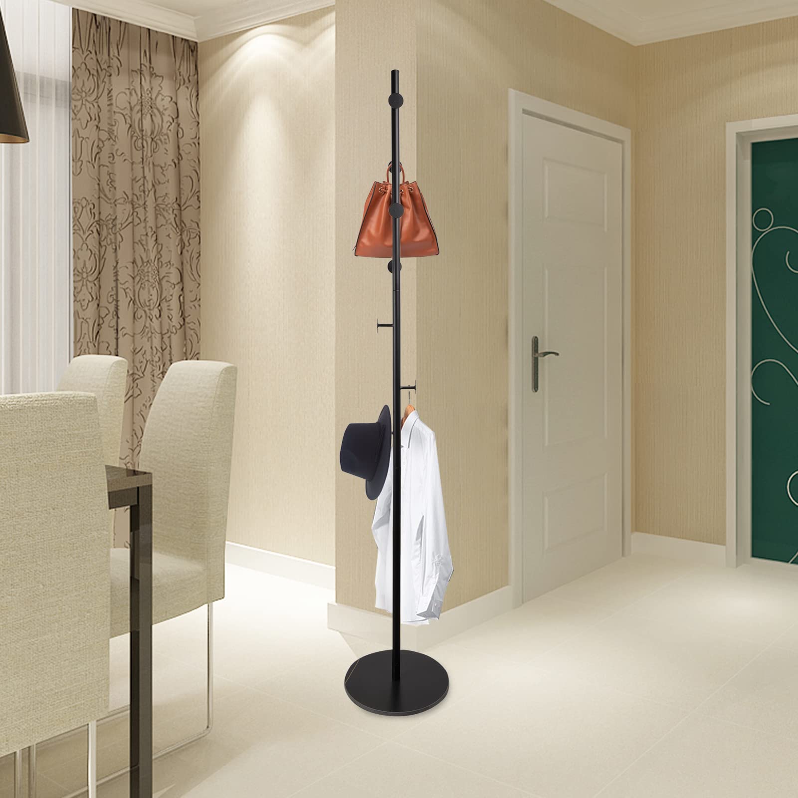 ChezMax Metal Coat Rack Stand with Marble Base, Freestanding Coat Rack with 8 Round Hooks, Heavy Duty Hall Tree for Hanging Clothes Bags Scarves Umbrella Jacket Purse, Entryway Floor Hat Hanger(Black)