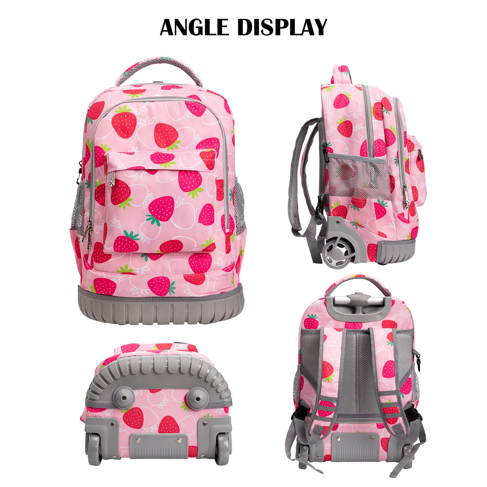 BAMIFEI 18 inches Wheeled Rolling Backpack Multi-Compartment College Books Laptop Bag Business Trip Carry-on, Strawberry