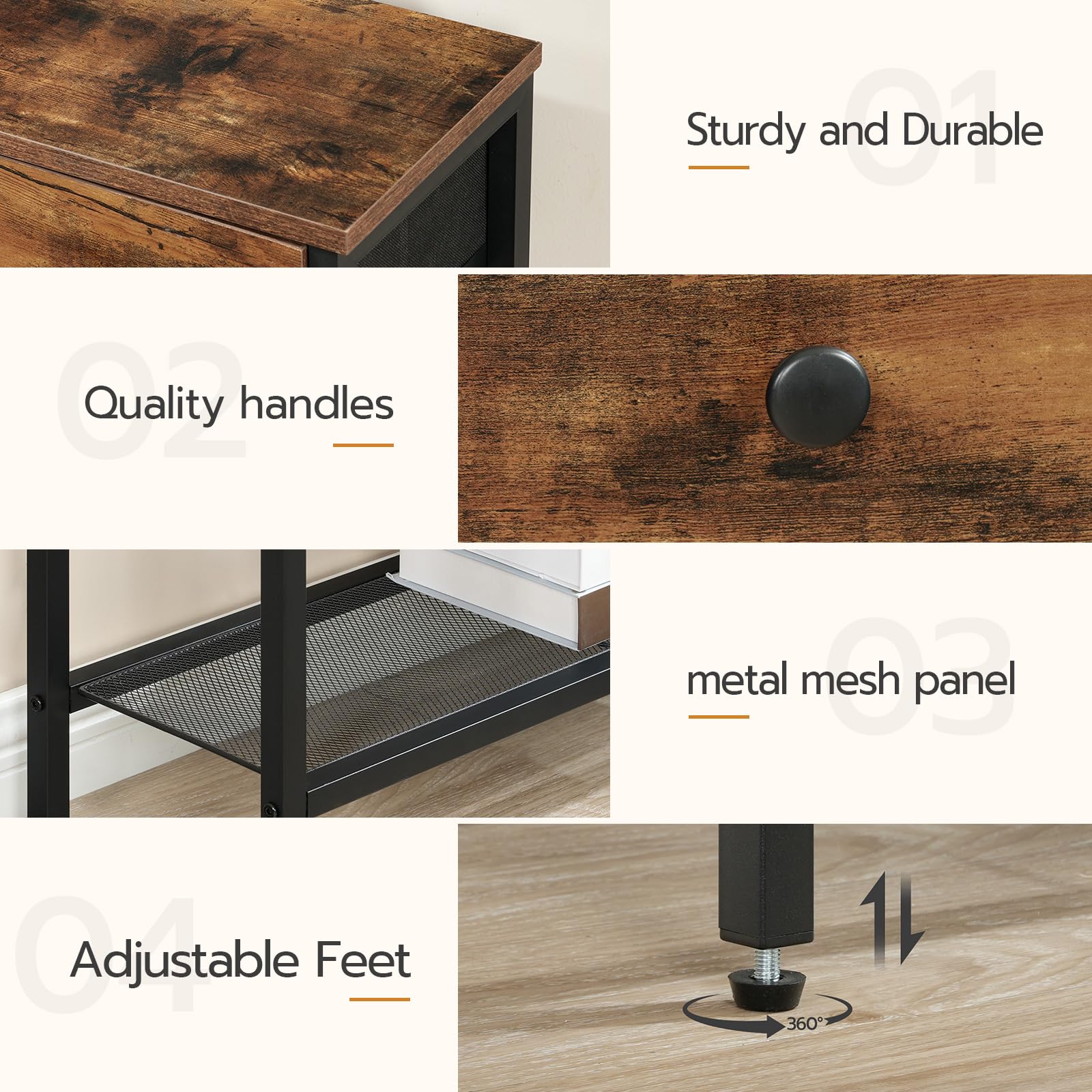 HOOBRO 39.4" Narrow Console Table with 3 Fabric Drawers, Small Entryway Table with 3-Tier Storage Shelves, Thin Sofa Table, Side Table, for Living Room, Hallway, Rustic Brown and Black BF82XG01