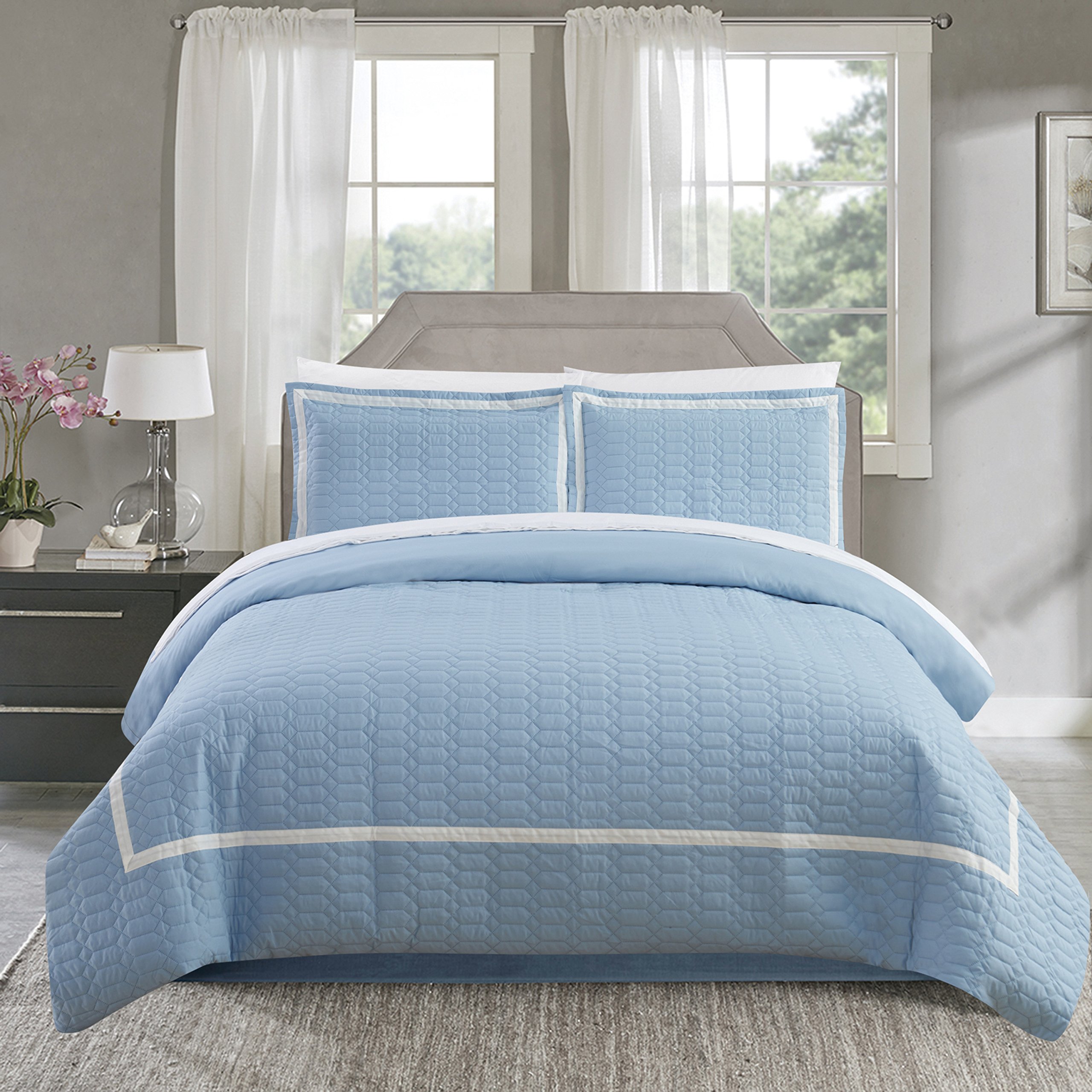 Chic Home Faige 3 Piece Duvet Cover Set Hotel Collection Two Tone Banded Print Zipper Closure Bedding - Decorative Pillow Shams Included Queen Blue