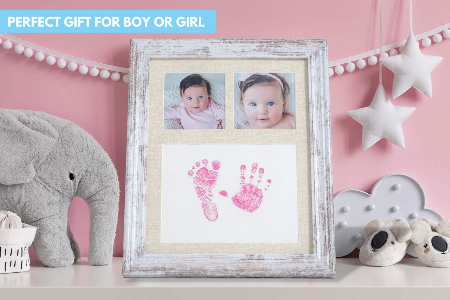 Baby Footprint & Handprint Photo Frame Kit, Includes Ink Pads 3 : Pink + Blue + Black, Perfect for Boy & Girl, Newborn Keepsake Frame, Foot & Hand Impression
