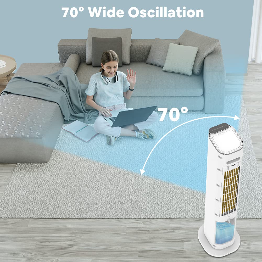 Evaporative Air Cooler, 70° Oscillating Cooling Fan for Room, LifePlus 42-Inch Bladeless Air Cooler with 1.32 Gal Water Tank, 4 Ice Packs, 12H Timer