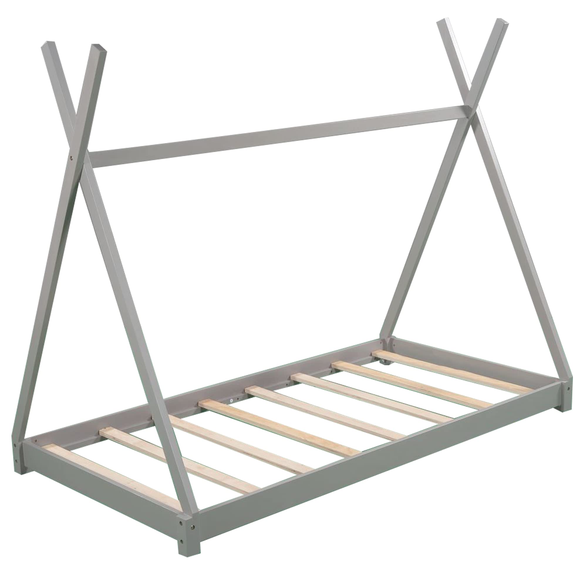Twin House Bed, Floor Bed, Tent Bed, Wood Platform Bed Frame with Roof for Toddlers Kids Boys Girls Teens, No Box Spring Needed β Gray