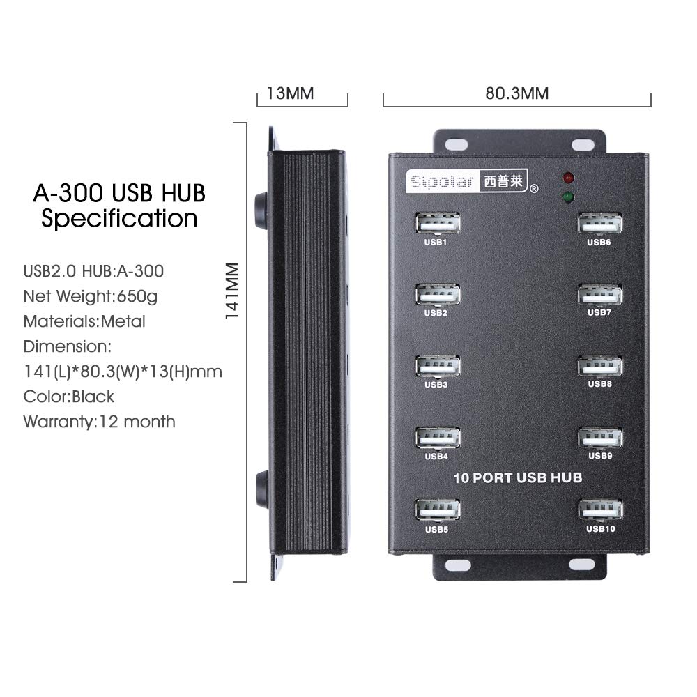 Sipolar-USB Hub- 10 Ports USB Data Hub-Industrial USB Powered Hub - USB 2.0 Hub for Mining, Bitcoin Miner