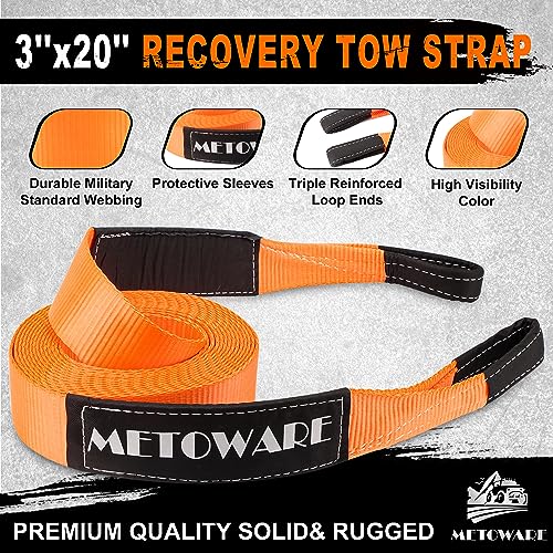 METOWARE Heavy Duty Tow Strap Recovery Kit - 3" x 20ft(35,000lbs) Tree Saver Winch Strap + 3/4" D Ring Shackles(2pcs) + Storage Bag - Truck, SUV, ATV Off Road Towing Strap Kit
