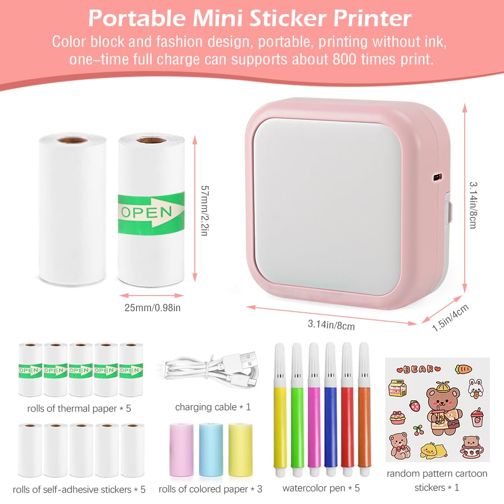 Grednfhat Mini Sticker Printer, Bluetooth Smart Pocket Inkless Thermal Printer with 13 Roll Papers, Portable Mini Printer for Photos Notes Stickers Labels Receipts (Pink)