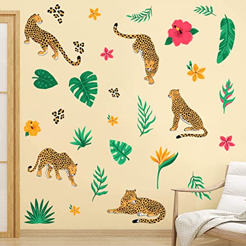 WOYINIS Leopard Cheetah Jaguar Wall Decal Stickers DIY Palm Leaves Plants Flowers Wall Decals Removable Peel & Stick Tropical Wall Decals for Living Room Bedroom Playroom Classroom Nursery Wall Decor
