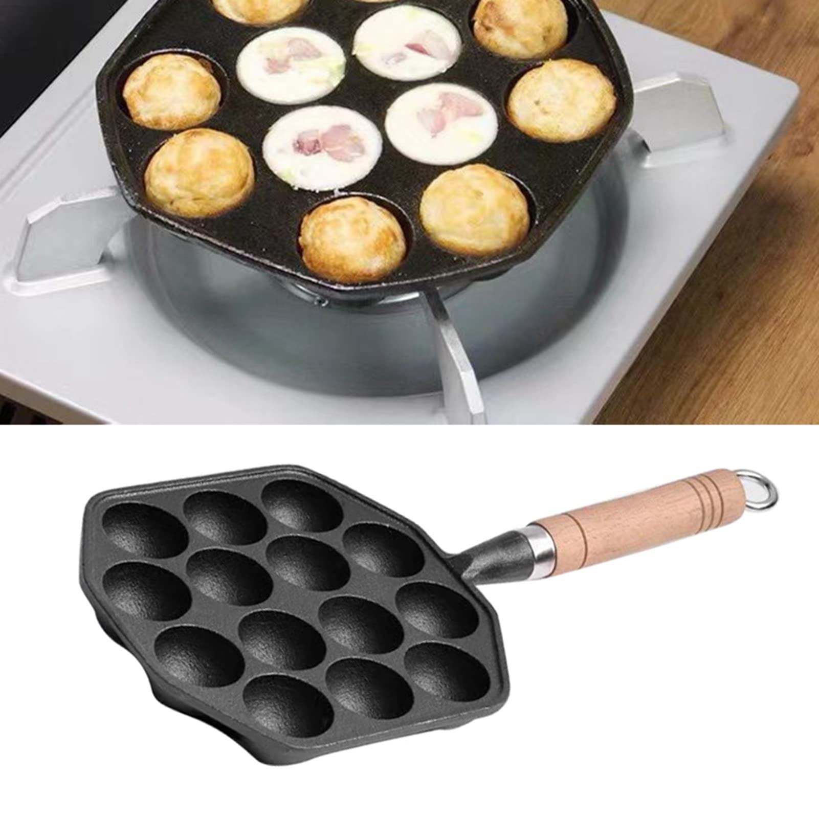 Fdit 14 Hole Takoyaki Pan,Avoid Sticking Cast Iron Octopus Meatball Maker with Removable Handle Suitable for Home Pancake Baking