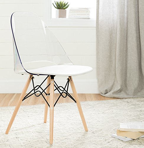 South Shore Annexe Mid-Century Modern Eiffel Office Chair, Wooden Legs, Clear and White 19.5D x 16.25W x 32.5H in