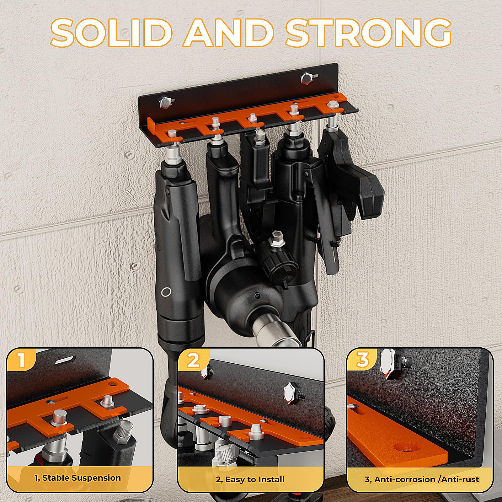 CHOWZZ Air Tool Holder, Air Tool Rack for Garage Walls and Tool Cart Storage Organizer，Wall Mounted Lockable Pneumatic Tool Hanger for Air Compressor Tools, Pneumatic Nail Gun, Black-5 Slots