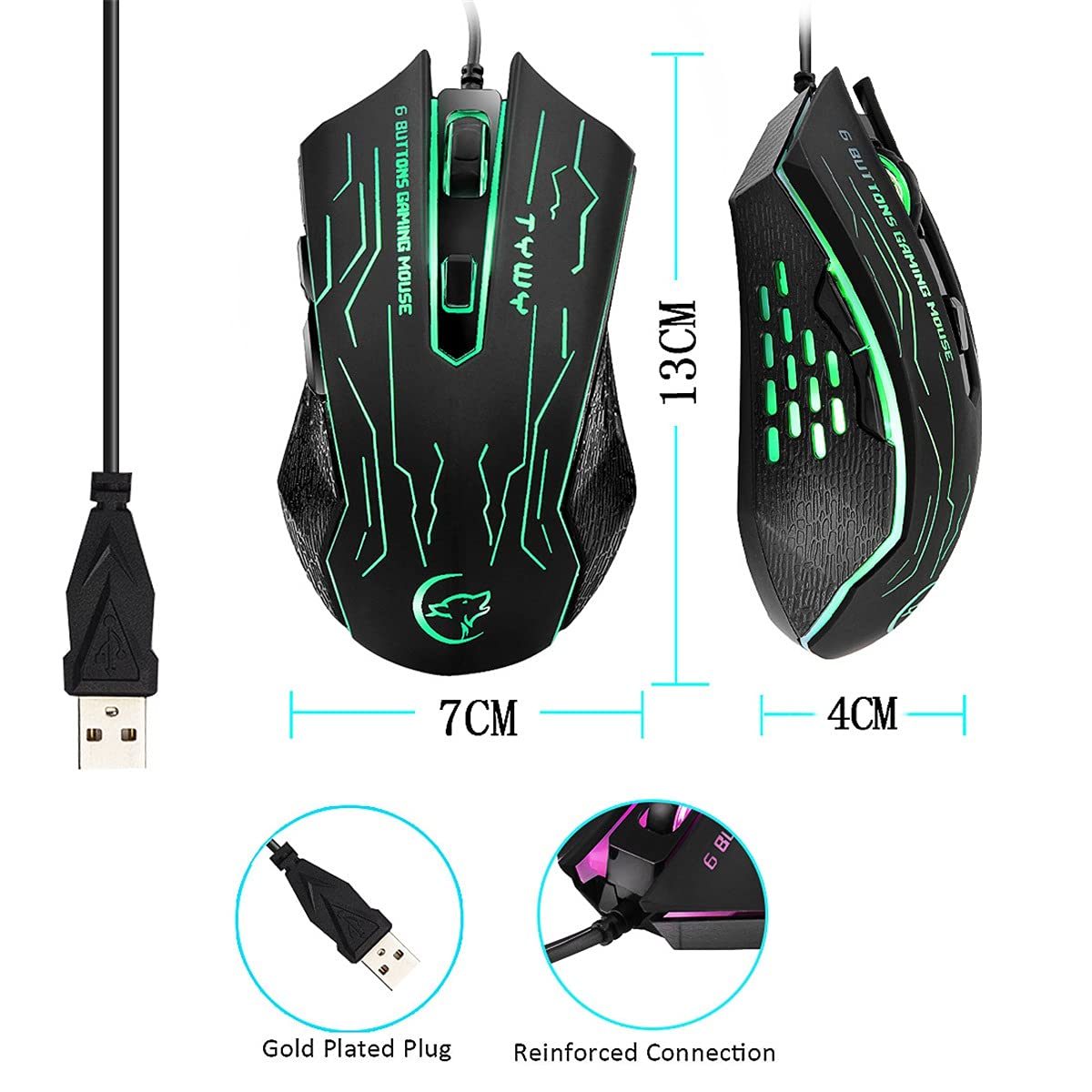 ASDASD Wired Gaming Mouse, Colorful Luminous Mouse, 6 Buttons, Computer USB Mouse Up to 3200 DPI, Suitable for Desktop and Laptop Game Players and Work