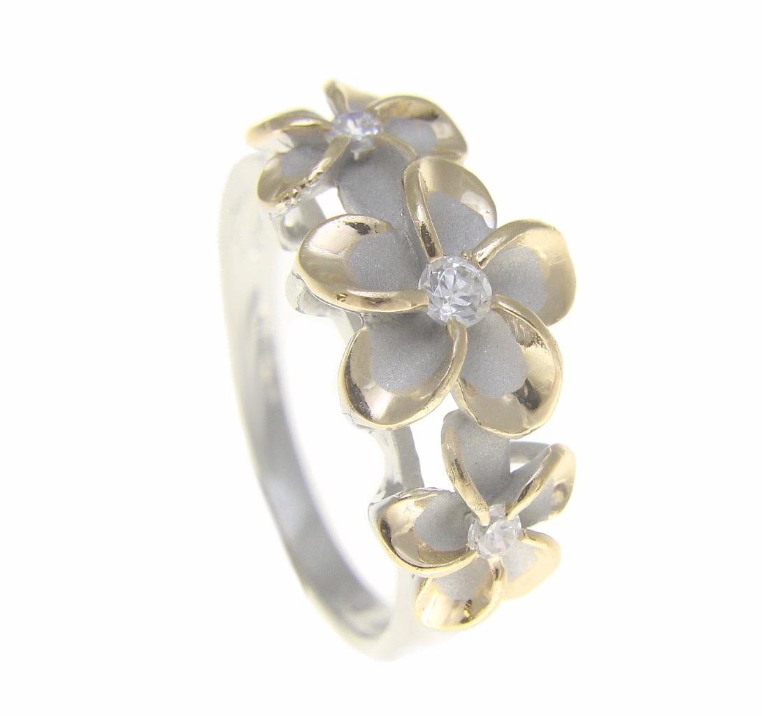 Arthur's Jewelry Sterling silver 925 Hawaiian 3 plumeria flower cz ring rhodium and yellow gold plated size 8.5