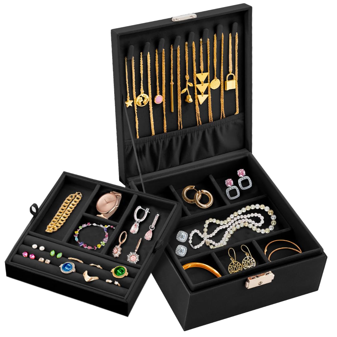 Prestige & Fancy 2 Layer Woman Jewelry Box, Jewelry Organizer For Woman, Men & Girls Large Case 8.5x7.5x3.3in | PU Leather Black Jewelry Gift Storage Boxes For Ring, Necklace & Bracelet With Lock