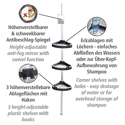 WENKO Tension Corner Shower Caddy 3 Pole and Baskets für Shampoo, Conditioner, Soap with Hooks for Razors, Towels, Blue