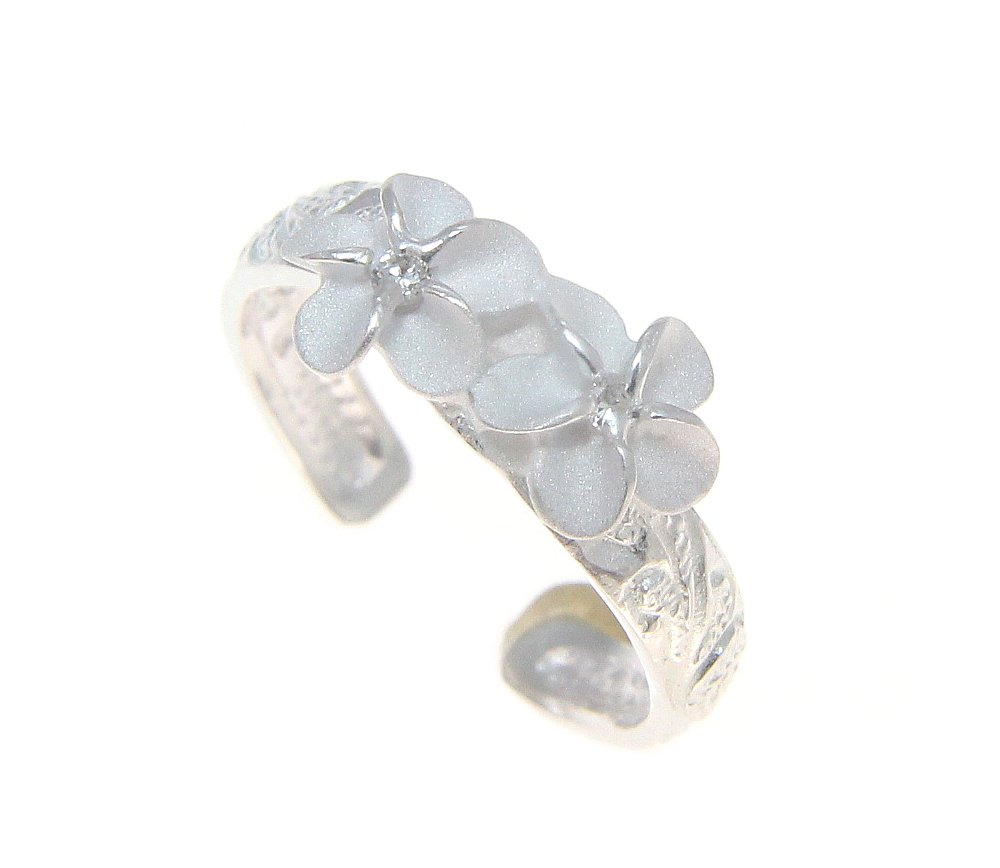 Arthur's Jewelry 925 sterling silver Hawaiian 2 plumeria flower scroll white cz toe ring