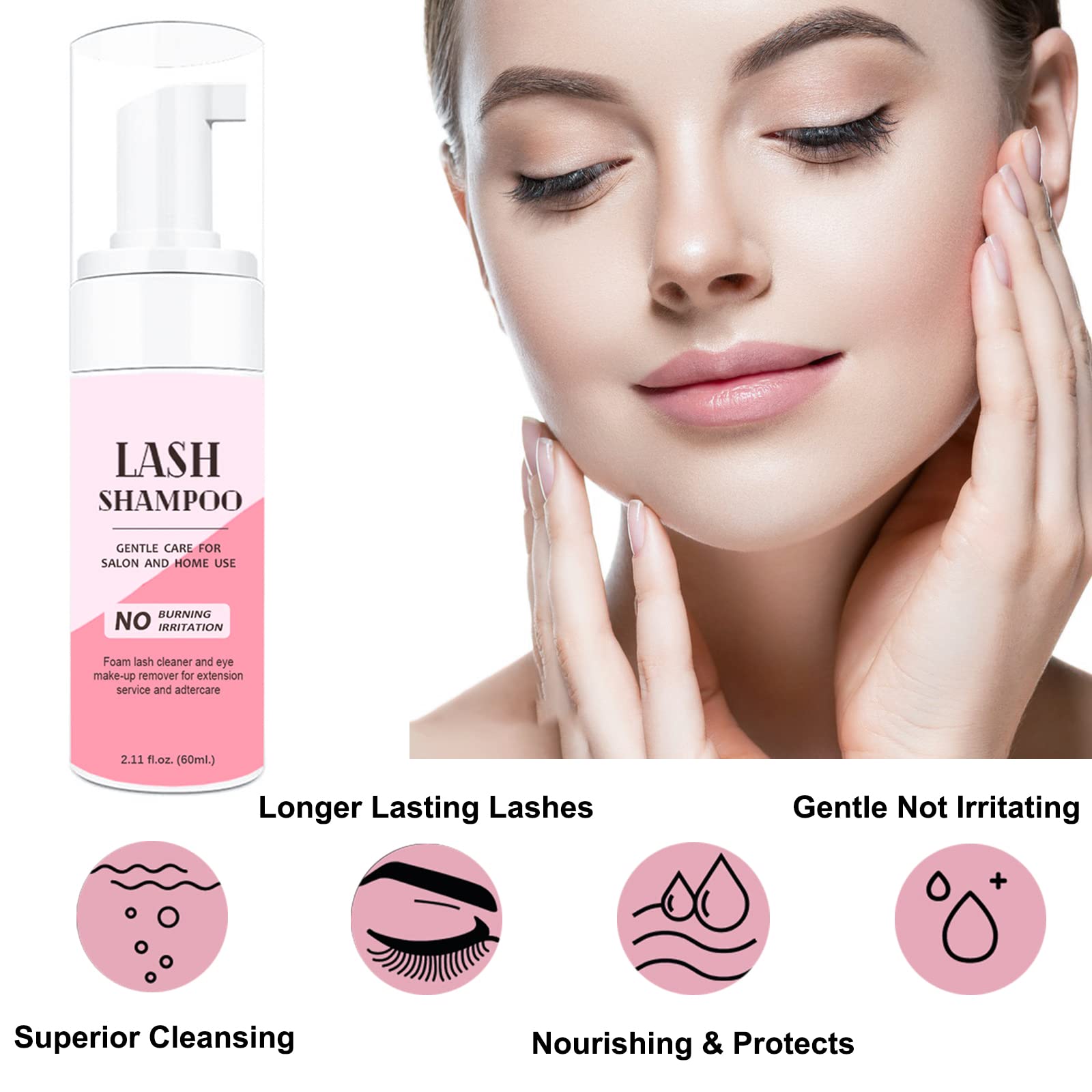 AREMOD 50ml Eyelash Extension Cleanser, Lash Shampoo for Lash Extensions 50pcs Eyelash Brush Cleaning Brush Makeup Remover Pad and Rinse Bottle for Lash Cleaning for Salon Home Use(Pink)