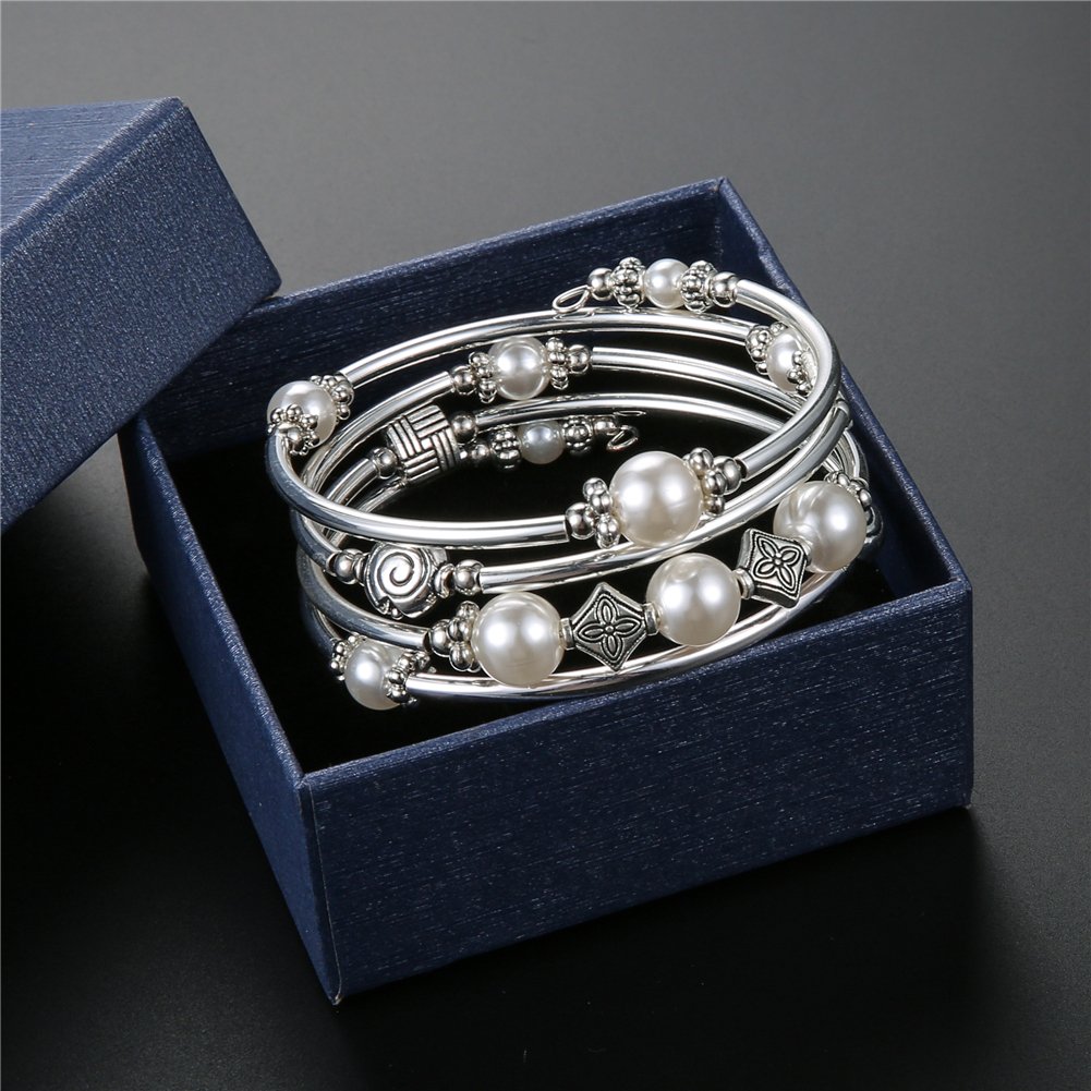 Beaded Pearl Bangle Wrap Bracelet - Fashion Bohemian Jewelry Multilayer Charm Bracelet with Thick Silver Metal Beads, Gift For Women (White)