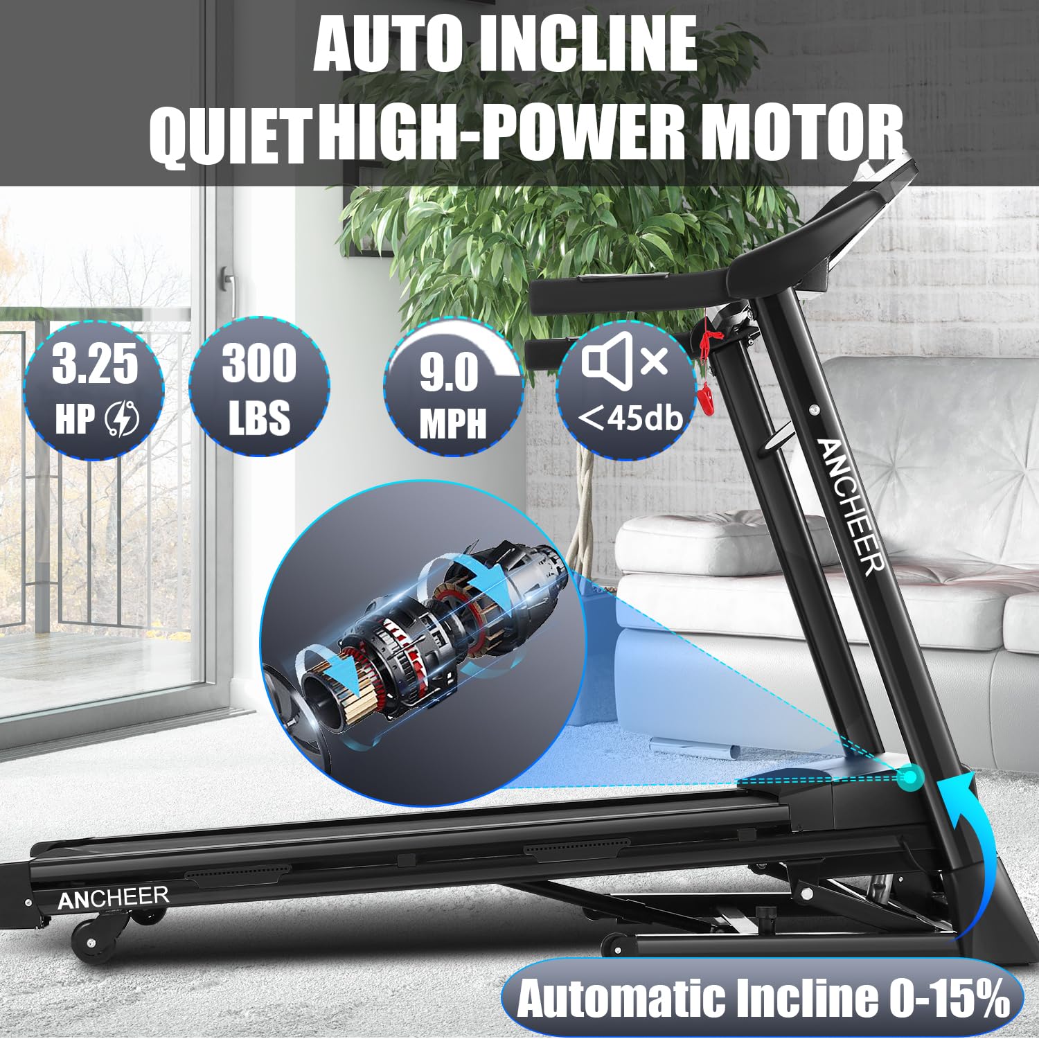 ANCHEER 3.25HP Treadmill,APP Treadmill 300lb Capacity,Folding Treadmills with 15% Auto Incline,Electric Smart Control Running Machines with Bluetooth Speaker,LCD Dispaly,Foldable Treadmill for Home