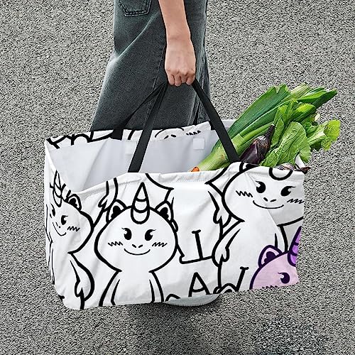 Cartoon Unicorn Full Print Large Capacity Laundry Organizer Tote Bag - Reusable and Foldable Oxford Cloth Shopping Bags