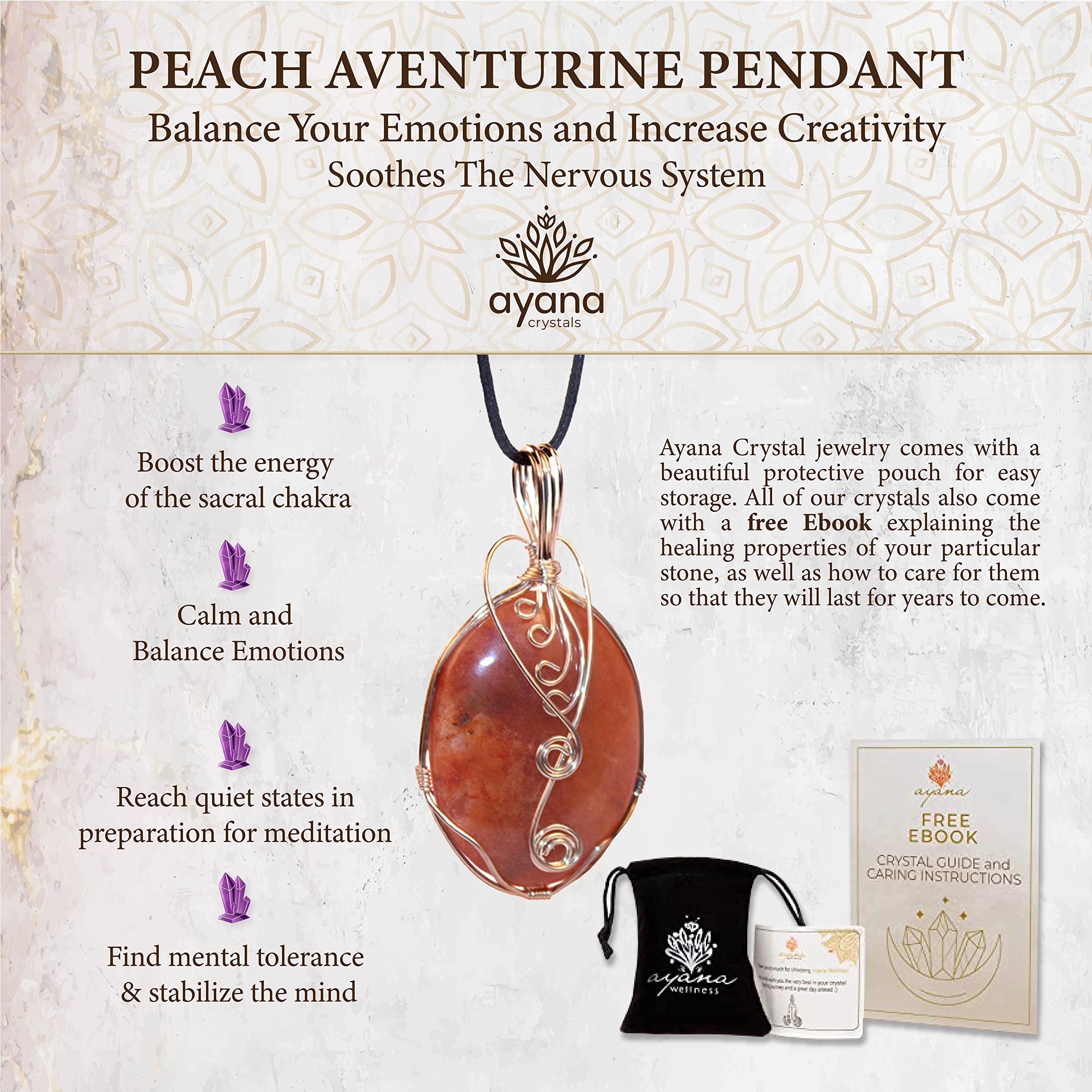 AYANA Pure Peach Aventurine Healing Crystal Pendant Necklace for Women | Authentic Gem for Prosperity, Health & Creativity |Silver Wire Wrap| Handmade with Ethically Sourced Raw Natural Real Gemstones