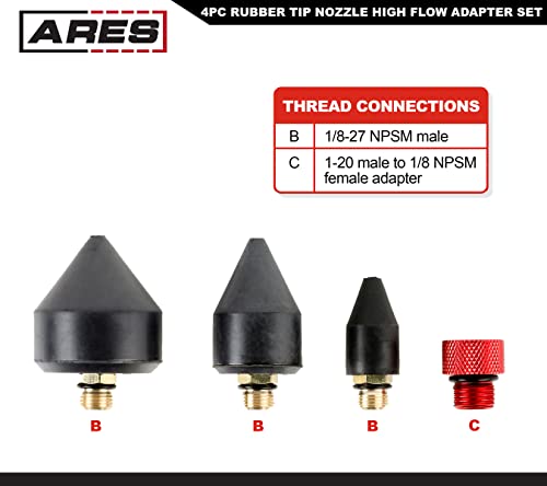ARES 17005 β 4-Piece Rubber Tip Nozzle Accessory Set for Any Air Blow Gun β Includes 3 Rubber Tip Sizes and High Flow Adapter β Rubber Tips Protect Finished Surfaces During Use
