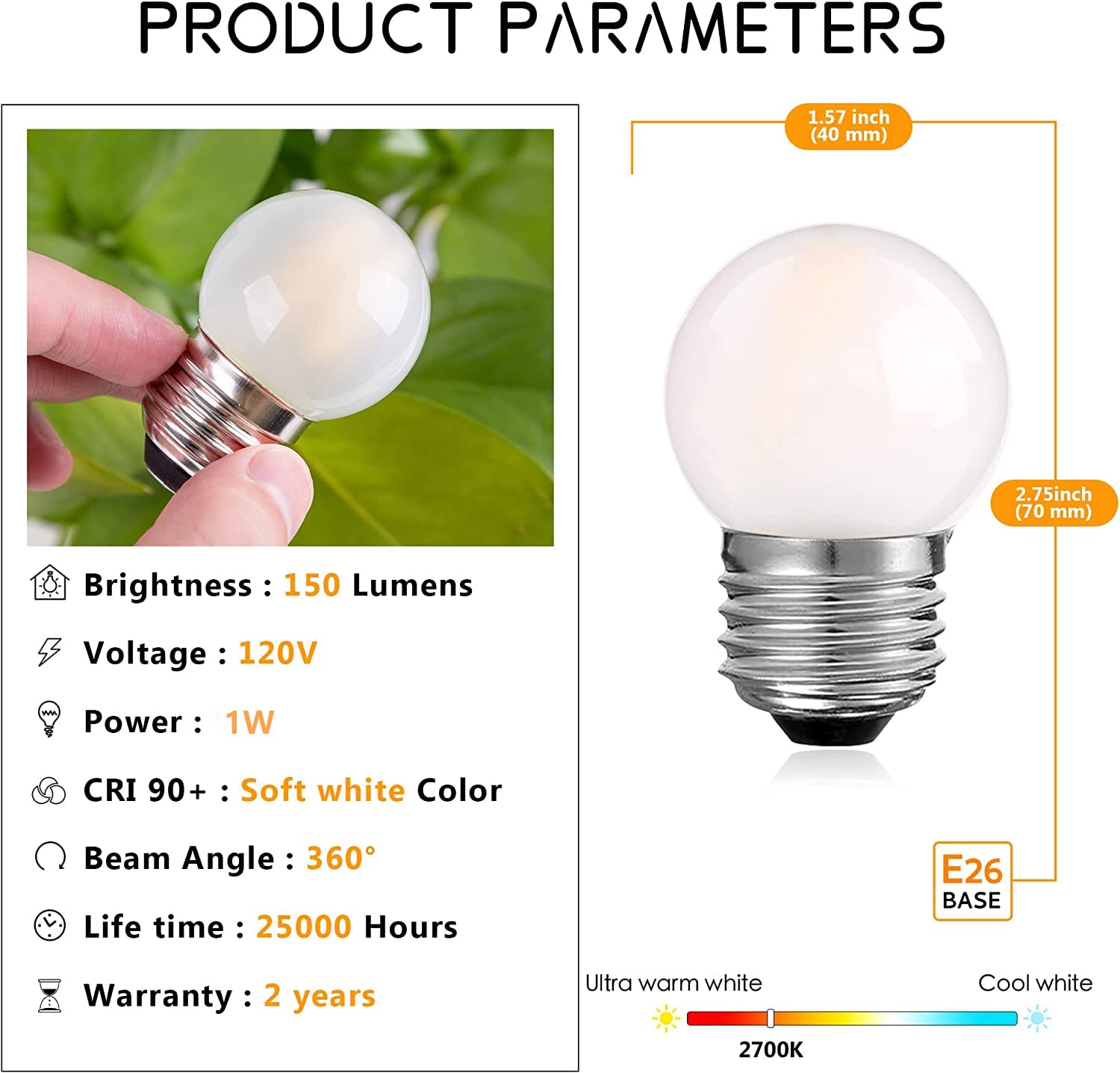 Aupuda 1W Mini LED Edison Globe Bulb 2700K Warm White E26 Standard Base 15W Equivalent Not Dimmable Vintage Style G40 Globe LED Filament Light Bulbs Frosted Glass Cover 6 Count (Pack of 1)