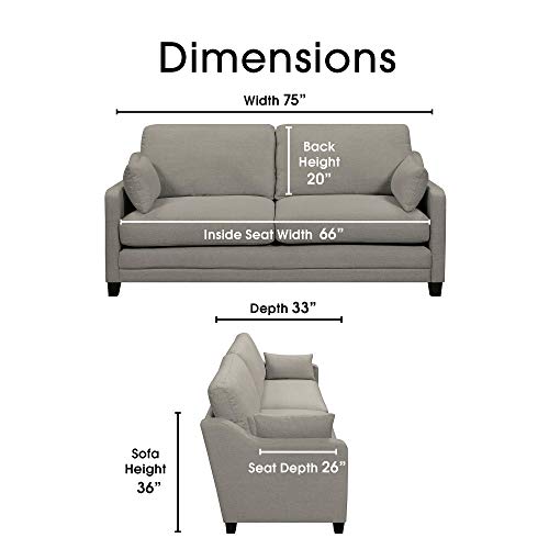 Serta Carmina Contemporary Upholstered 75" Living Room Sofa, Modern Couch for Two or Three, High Plush Seat Cushions and Back Pillows, Easy Assembly, Gray
