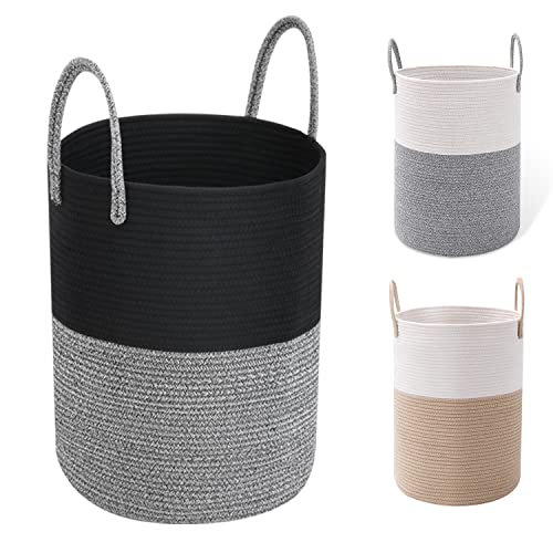 YanZhi Large Tall Cotton Rope Basket,58L Woven Laundry Baskets Storage Bins,Collapsible Thread Clothes Hamper with Durable Handles for Toys,Blanket,Pillows,Books,Baby Nursery & Home Organizer(black)