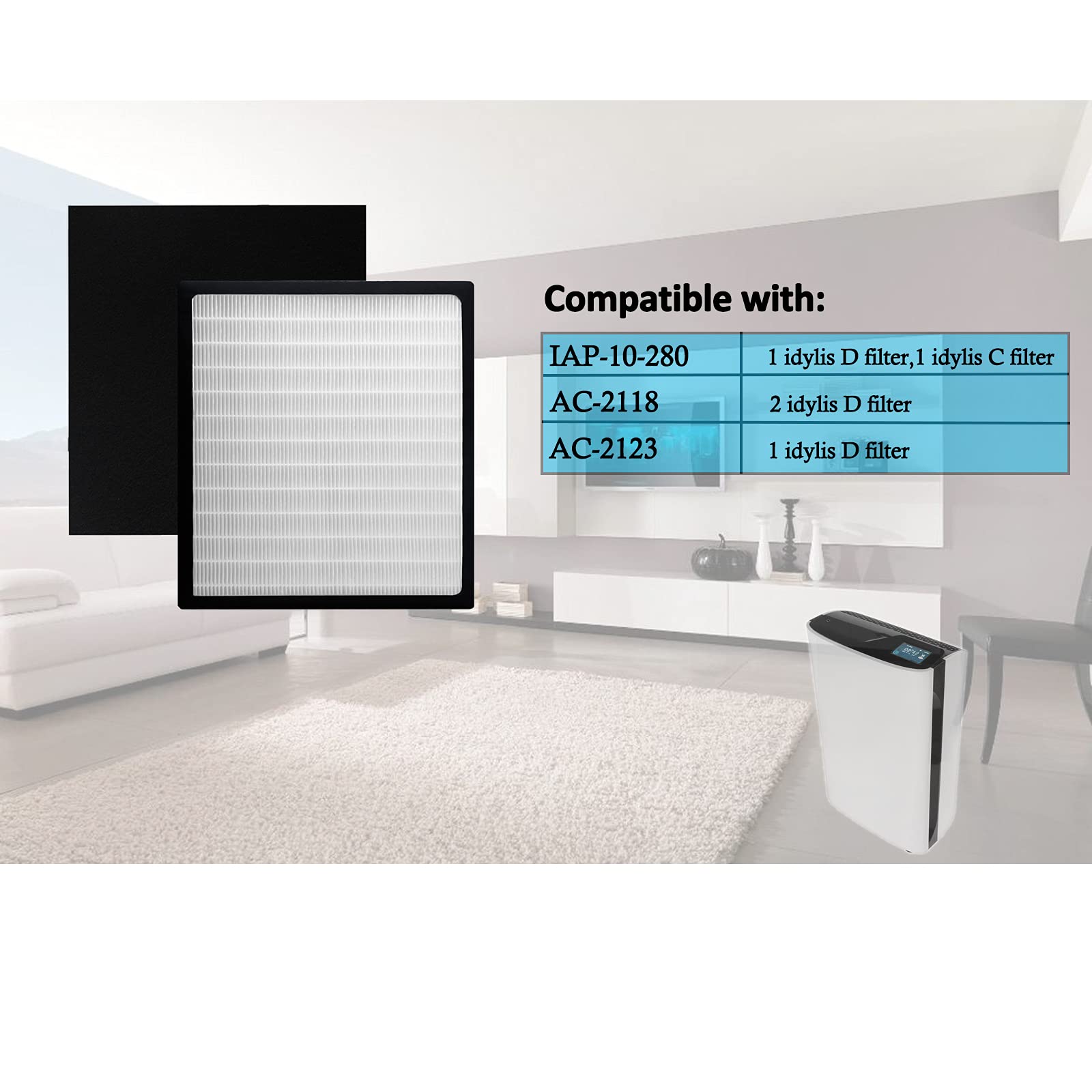 Hedday Air Purifier Filter D Compatible with Idylis IAP-10-280,1AP10280, AC-2118, AC-2123,Replace for IAF-H-100D(2 HEPA Filters & 2 Carbon Filters)