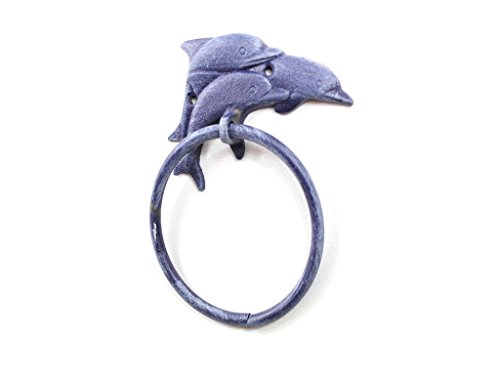 Rustic Dark Blue Cast Iron Dolphins Towel Holder 7" - Sea Life Wall Decor - Coa