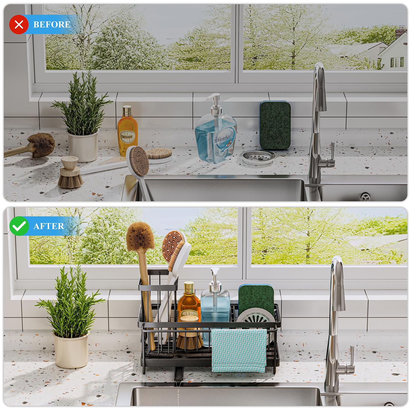Spoge Holder for Kitchen Sink - Sink Caddy with Long Brush Holder & Divider, SUS304 Stainless Steel Kitchen Sink Organizer, Dish Soap Dispenser Kitchen Organization and Storage Accessories