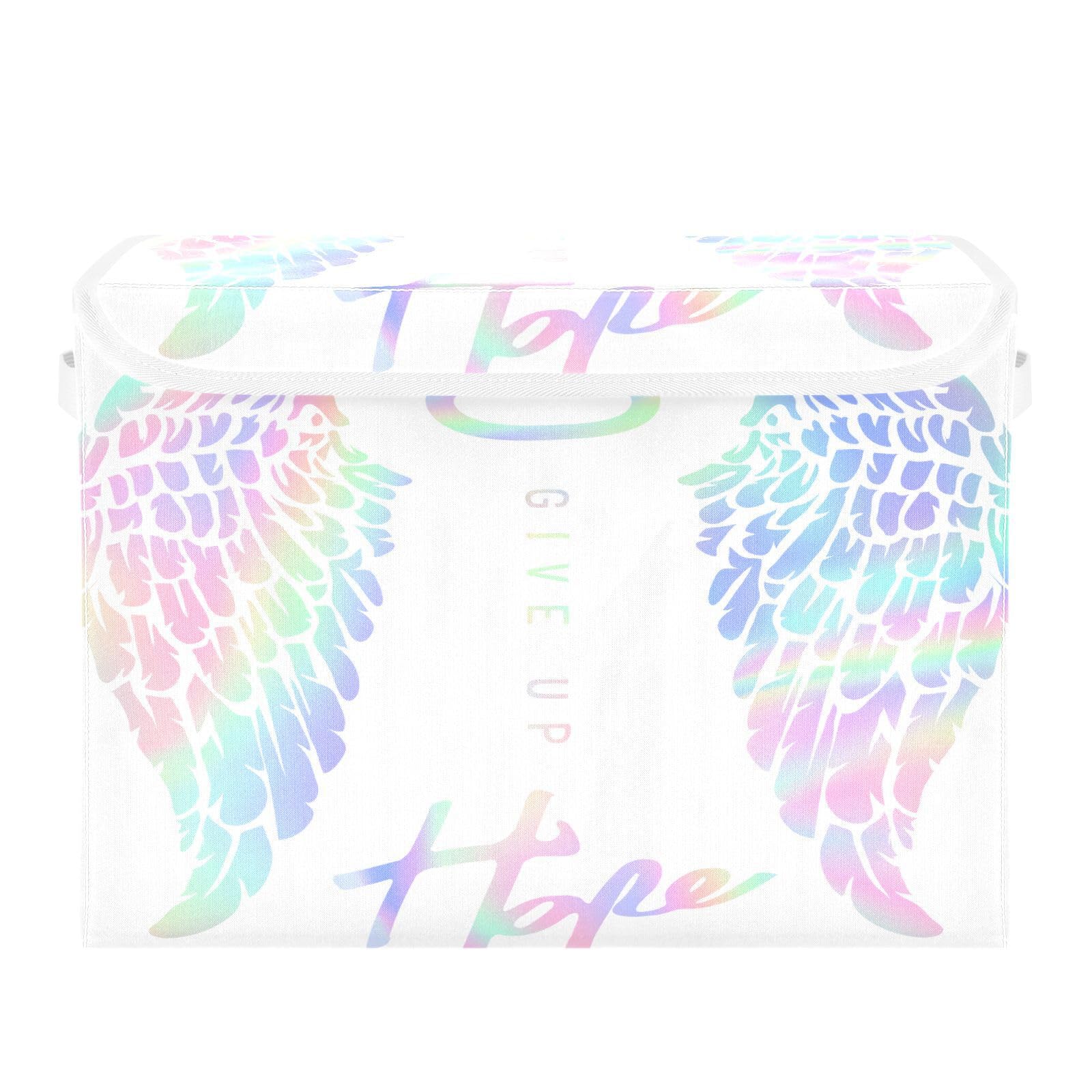 KiRYu Never-give-up-angel-wings-black Foldable Fabric Storage Boxes with Lids, Cube Large Storage Bins for Shelves Closet Home Bedroom Office Decorative