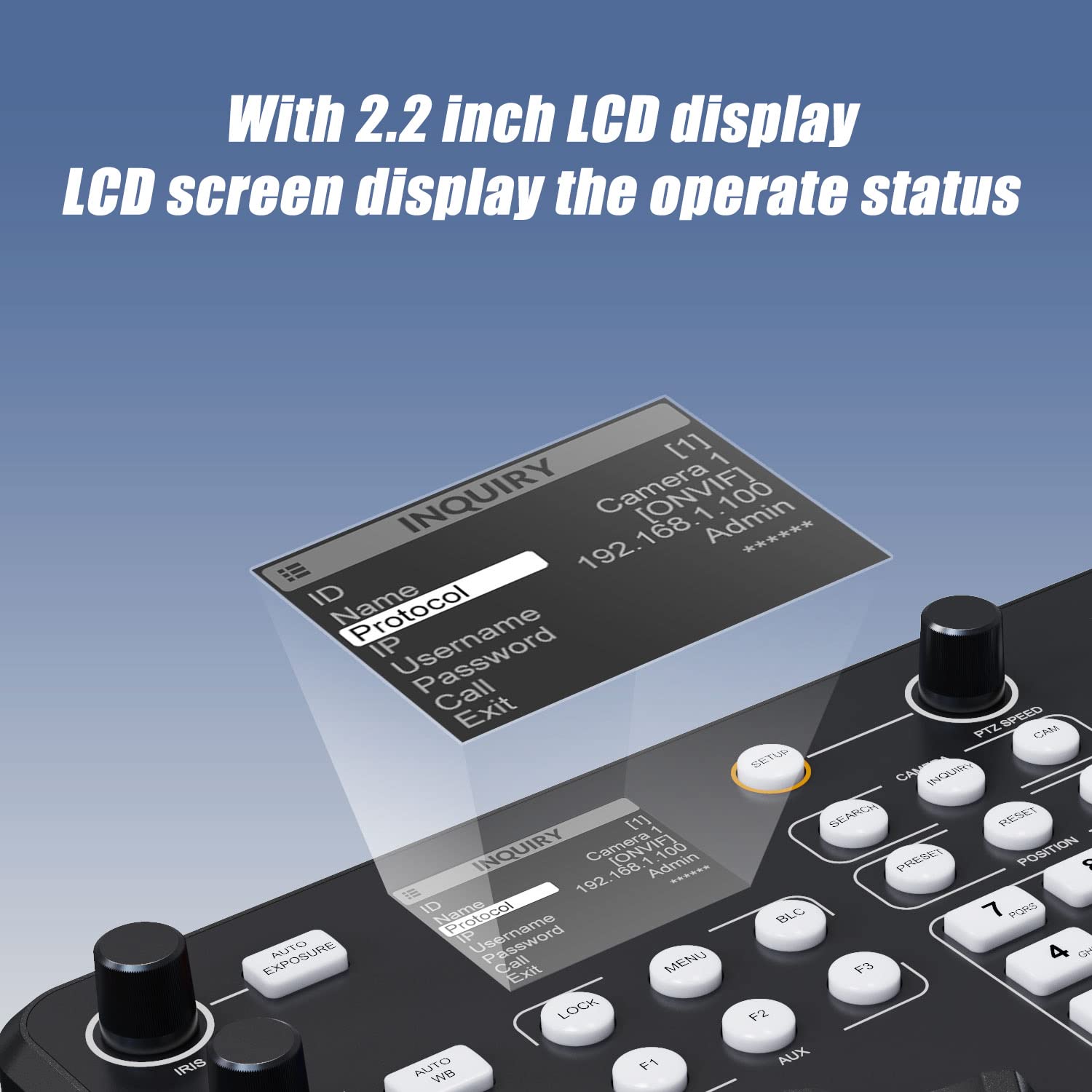 AVIDEONE PTZ Camera Controller with 4D Joystick for Church Live Streaming,Supported Onvif Visca Over IP RS422 RS485 RS232 Pelco-D/P 2.2 Inch LCD Screen