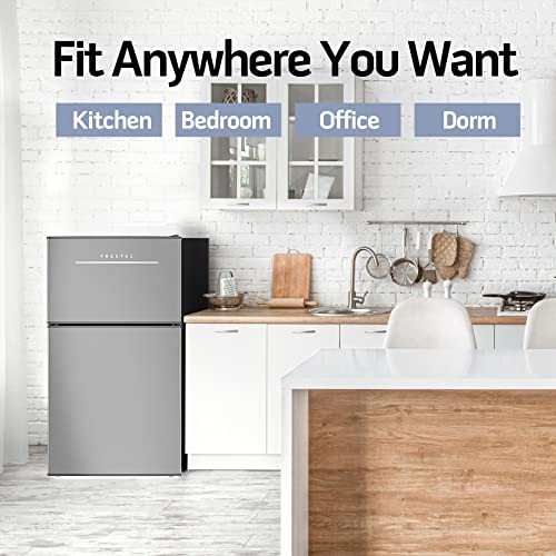 Frestec 3.2 Cu.Ft Mini Fridge for Bedroom, Mini Refrigerator with freezer, Dorm Fridge with Freezer, 2 Doors Perfect for Room and Office, Adjustable Temperature(Stainless steel)