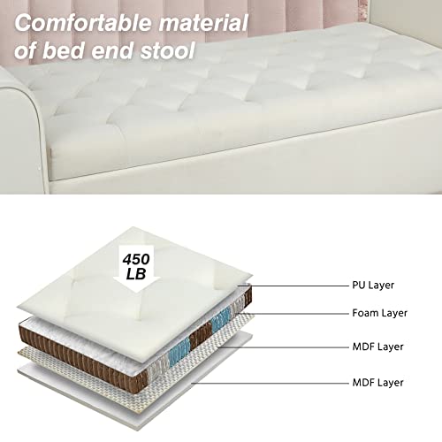 Babion Storage Bench End of Bed, Velvet Ottoman Bench with Storage and Arms, Upholstered Fabric Storage Ottoman Bench with Button Tufted, Storage Bench for Bedroom Living Room(White)